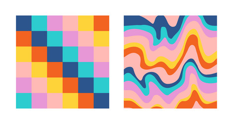 1970 trippy checkerboard wavy swirl pattern set Vector Image