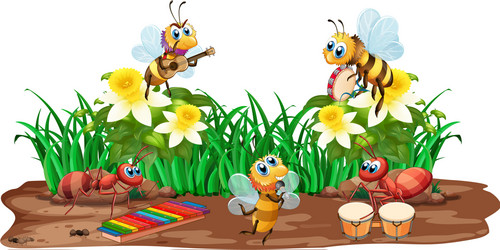 Bee music band playing in nature Royalty Free Vector Image