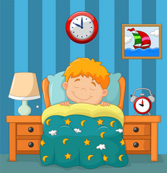 Cartoon smile little boy sleeping in the bed Vector Image