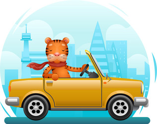 Cartoon tiger in a glasses goes on a green car Vector Image