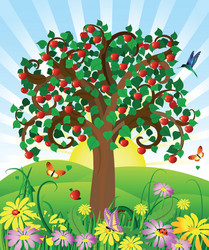 Farm scene with many apple trees Royalty Free Vector Image