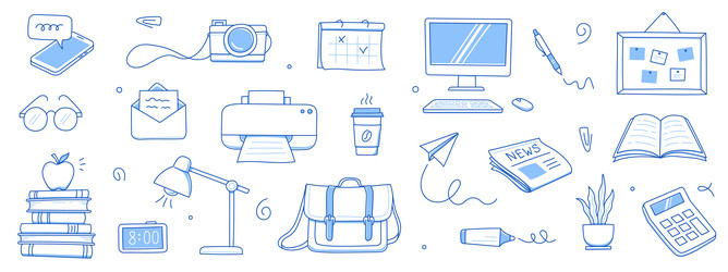 Office work doodle set office computer work desk Vector Image