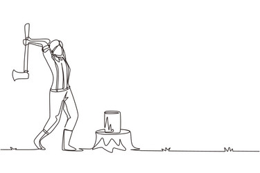 Continuous one line drawing woman logger sawing Vector Image