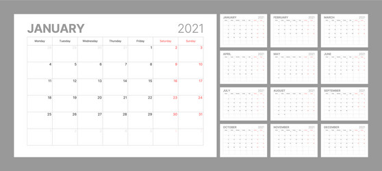 Wall calendar template for 2021 year planner Vector Image