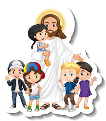 Jesus christ with children group sticker on white Vector Image