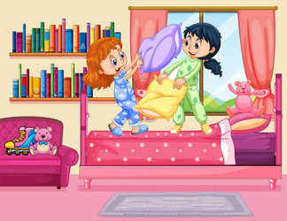 Two girls fighting in bedroom Royalty Free Vector Image