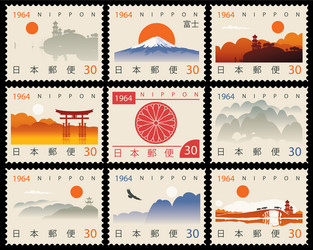 Set of old postage stamps with japanese symbols Vector Image