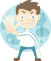 Cute boy showing stop gesture while standing next Vector Image