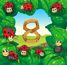 Six ladybugs on leaves with number 6 Royalty Free Vector