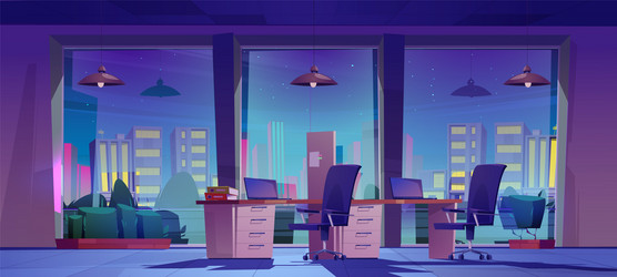 Office interior with computers at night Royalty Free Vector