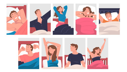 Man and woman character waking up feeling happy Vector Image