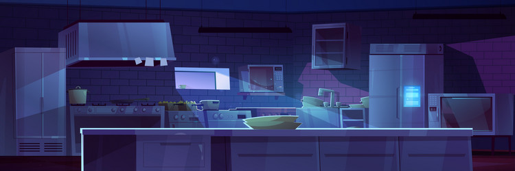 Night abandoned kitchen interior and table cartoon