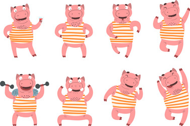 Flat set of pink humanized pig in different Vector Image