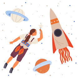 Girl with self made jetpack flying to sky lady Vector Image