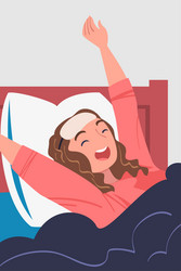 Woman character waking up feeling happy stretching
