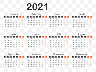 2021 calendar week starts sunday Royalty Free Vector Image