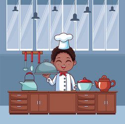 Chef boy cartoon brown lines Royalty Free Vector Image