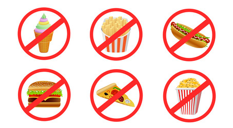 Prohibited fast food sticker sign symbol set Vector Image