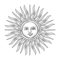 Sun with face engraving style Royalty Free Vector Image