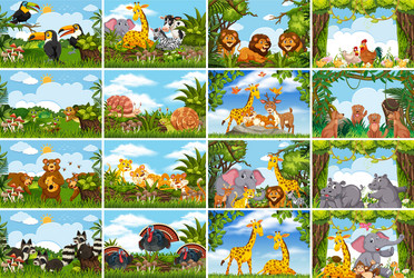Cute set animals in jungle scene Royalty Free Vector Image