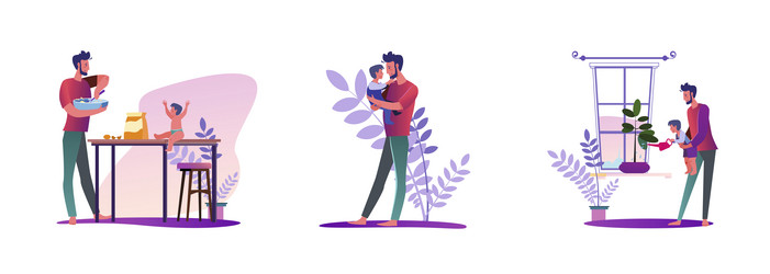 Set of male homemakers doing housework Royalty Free Vector