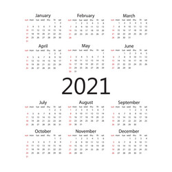 2021 calendar week starts sunday Royalty Free Vector Image