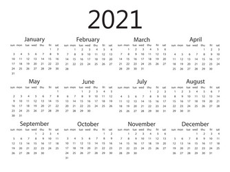 2021 calendar week starts sunday Royalty Free Vector Image