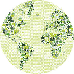 Green tree root world map with earth house concept