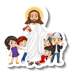 Jesus christ with children group sticker on white Vector Image