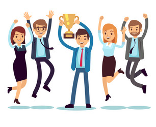 Overjoyed team with trophy celebrate success Vector Image