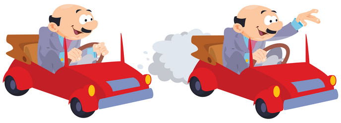 Man in small funny car driver is driving Vector Image