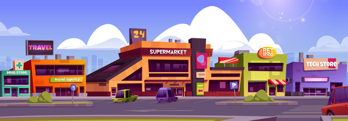 Rainy parking with autos outside supermarket Vector Image