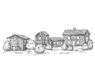 Rural scene with houses and trees sketch Vector Image