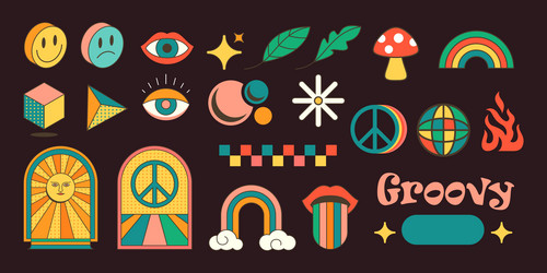 Set of 70s psychedelic clipart sticker Royalty Free Vector
