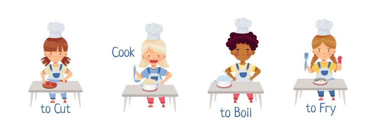 Children cooking in kitchen demonstrate action Vector Image