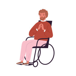 Young man pushing wheelchair with smiling disabled