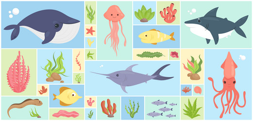 Underwater animals set in creative Royalty Free Vector Image