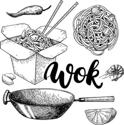 Doodle noodle lettering banner wok hand Royalty Free Vector