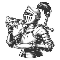 Knight in armor eating spaghetti engraving Vector Image