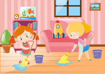 Two girls mopping the kitchen floor Royalty Free Vector