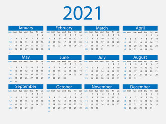 2021 calendar week starts sunday Royalty Free Vector Image