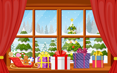 Christmas window view with a snowy landscape Vector Image