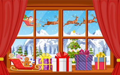 Santa claus sleigh with gifts and christmas tree Vector Image