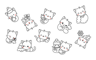 Set of kawaii christmas cat coloring page Vector Image