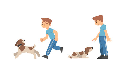 Young boy training his dog teaching him sitting Vector Image