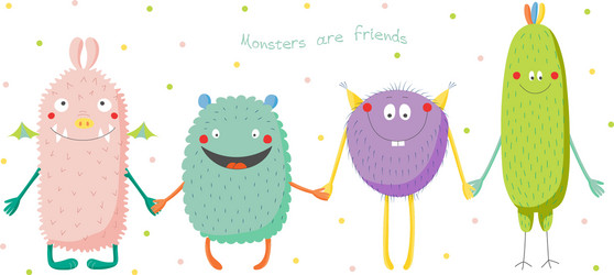 Cute monsters holding hands Royalty Free Vector Image
