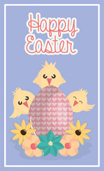 Cute little chicks with egg painted and flowers Vector Image