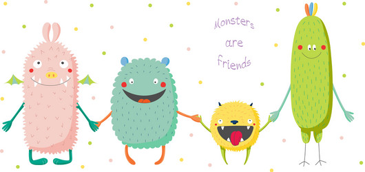Cute monsters holding hands Royalty Free Vector Image