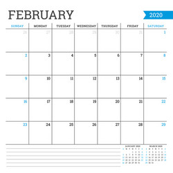 February monthly calendar for 2020 year Royalty Free Vector