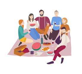 Group cute happy friends having lunch meals Vector Image